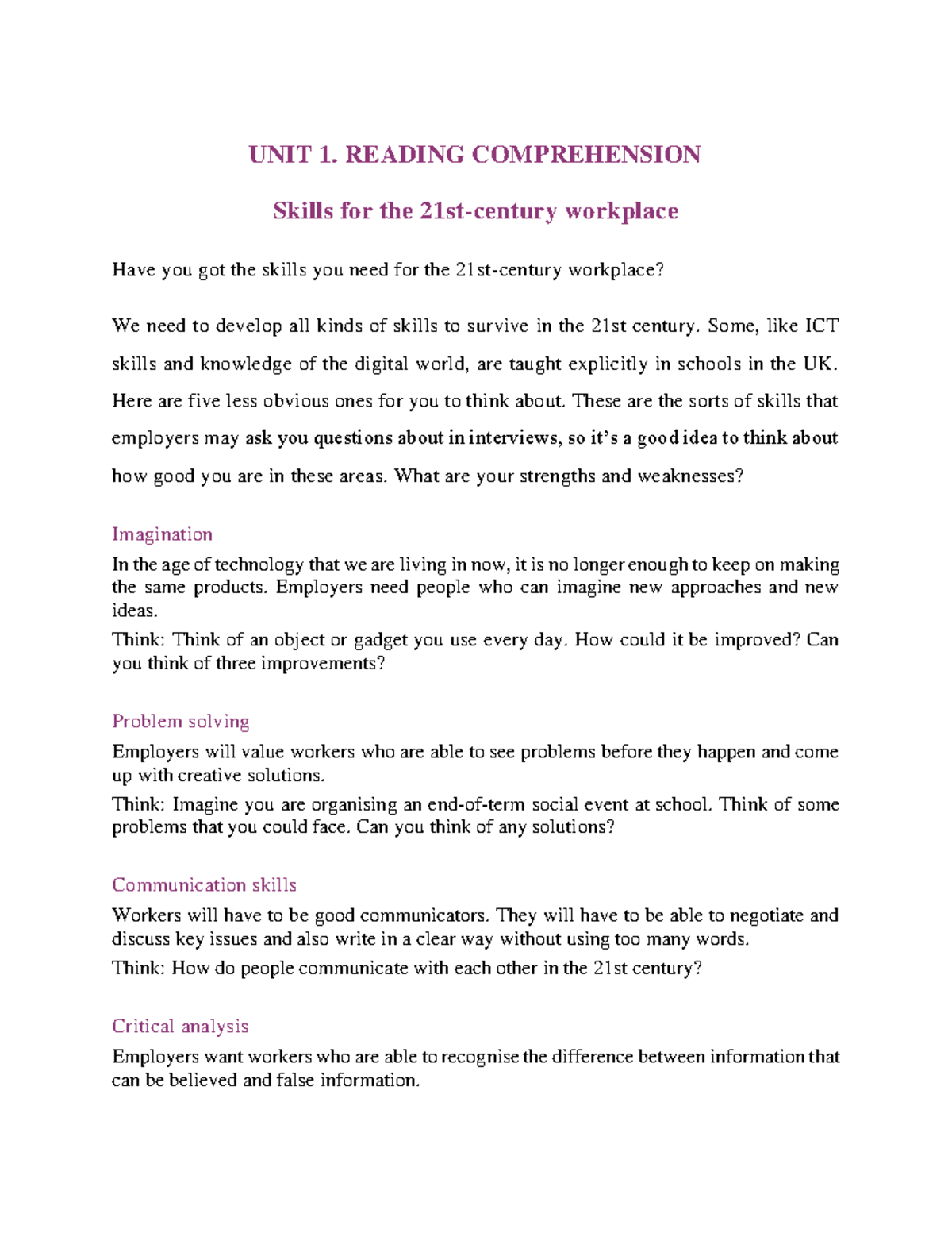 UNIT 1. Practice 1 - practise - UNIT 1. READING COMPREHENSION Skills ...