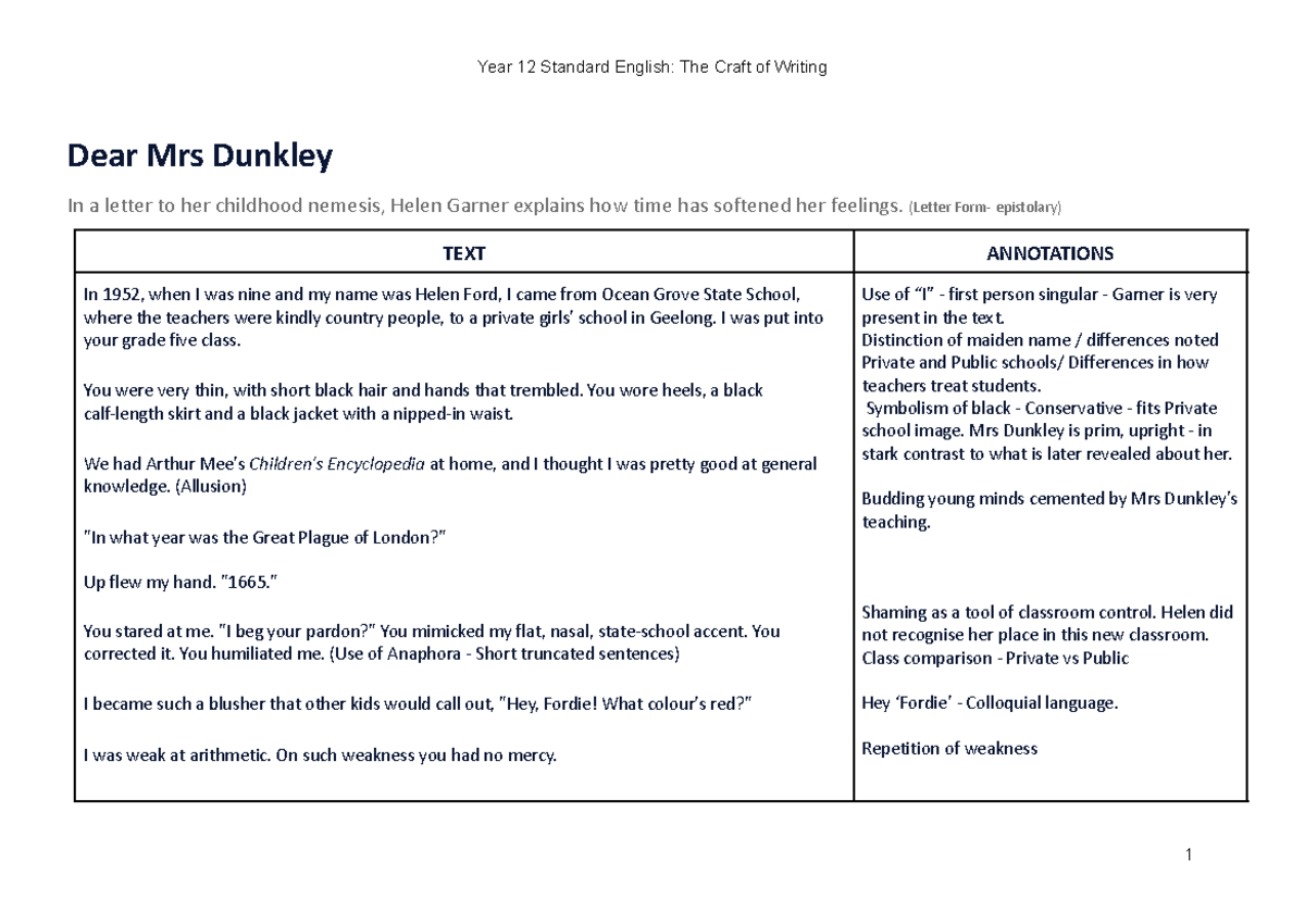 Annotated Letter: "Dear Mrs Dunkley" - A Reflection on Teaching - Studocu