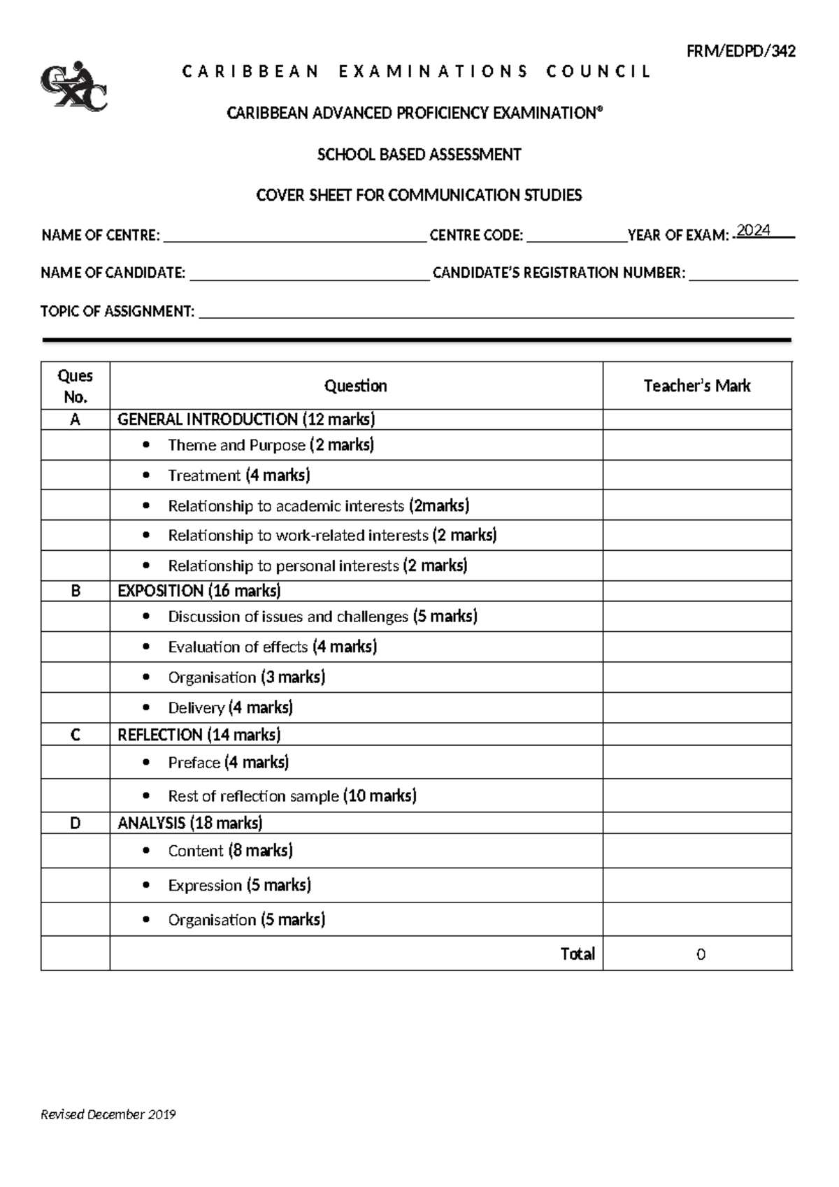 Communication Studies SBA Cover Sheet - FRM/EDPD 2024 - Studocu