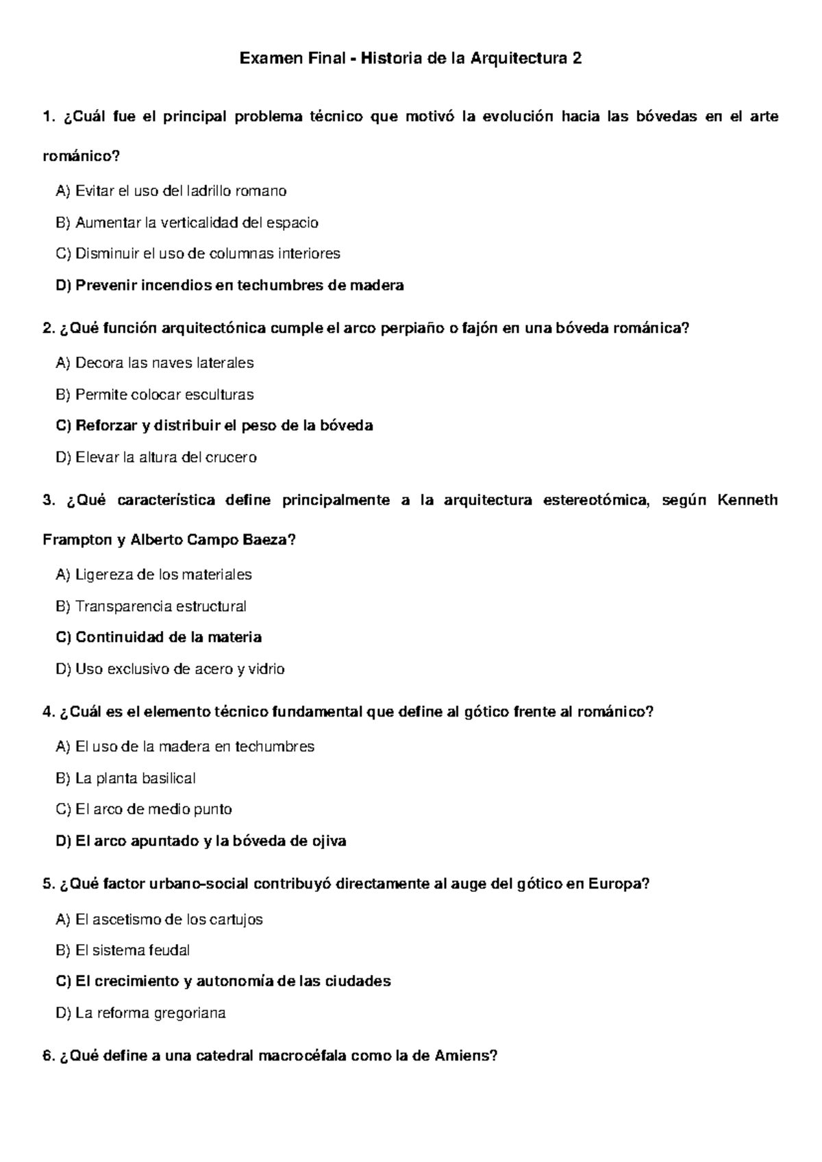 Examen Final Histo 2 - Arquitectura: Preguntas y Respuestas - Studocu