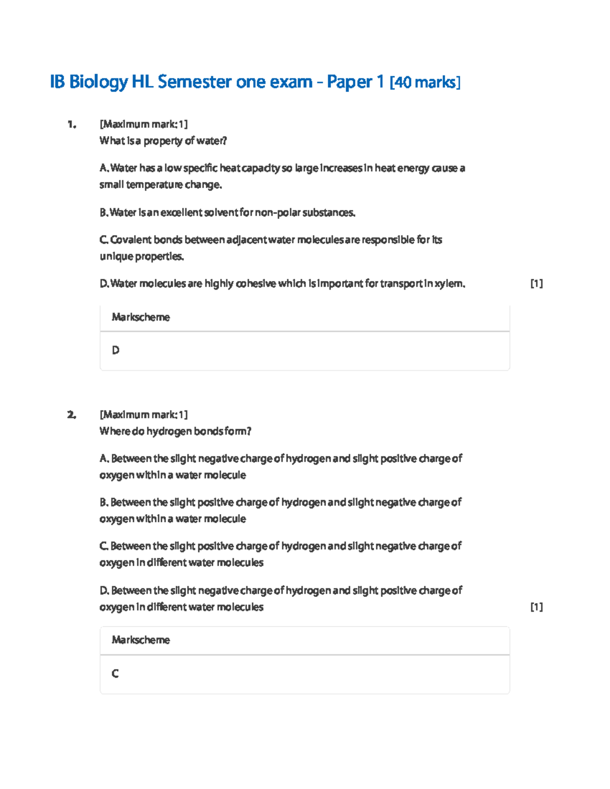IB Biology HL Semester 1 Exam - Paper 1 Questions & Markscheme Analysis ...