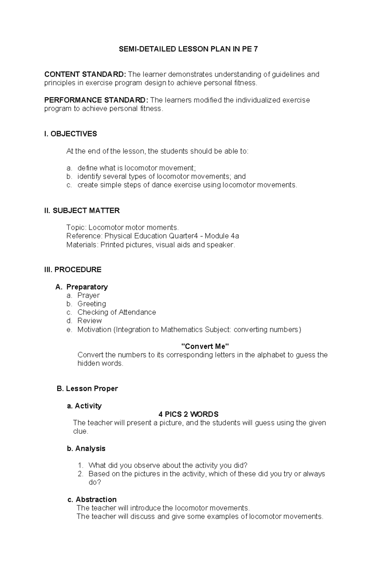 lesson plan in PE - SEMI-DETAILED LESSON PLAN IN PE 7 CONTENT STANDARD ...