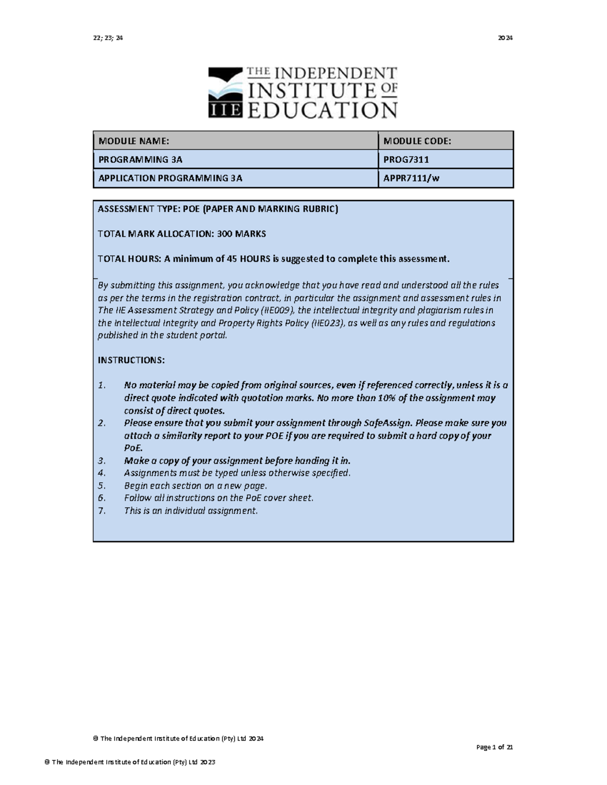 POE Assessment - Programming 3A (APPR7111) Proposal Guidelines - Studocu