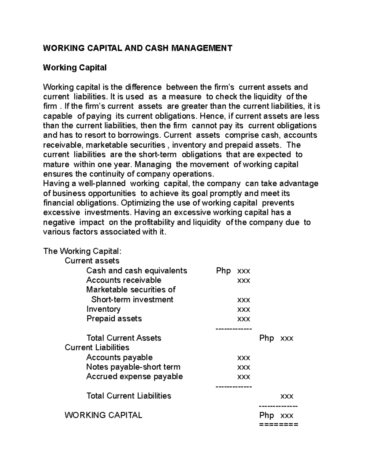 Working Capital & Cash Mgmt - Lecture Notes (Course Code Included ...