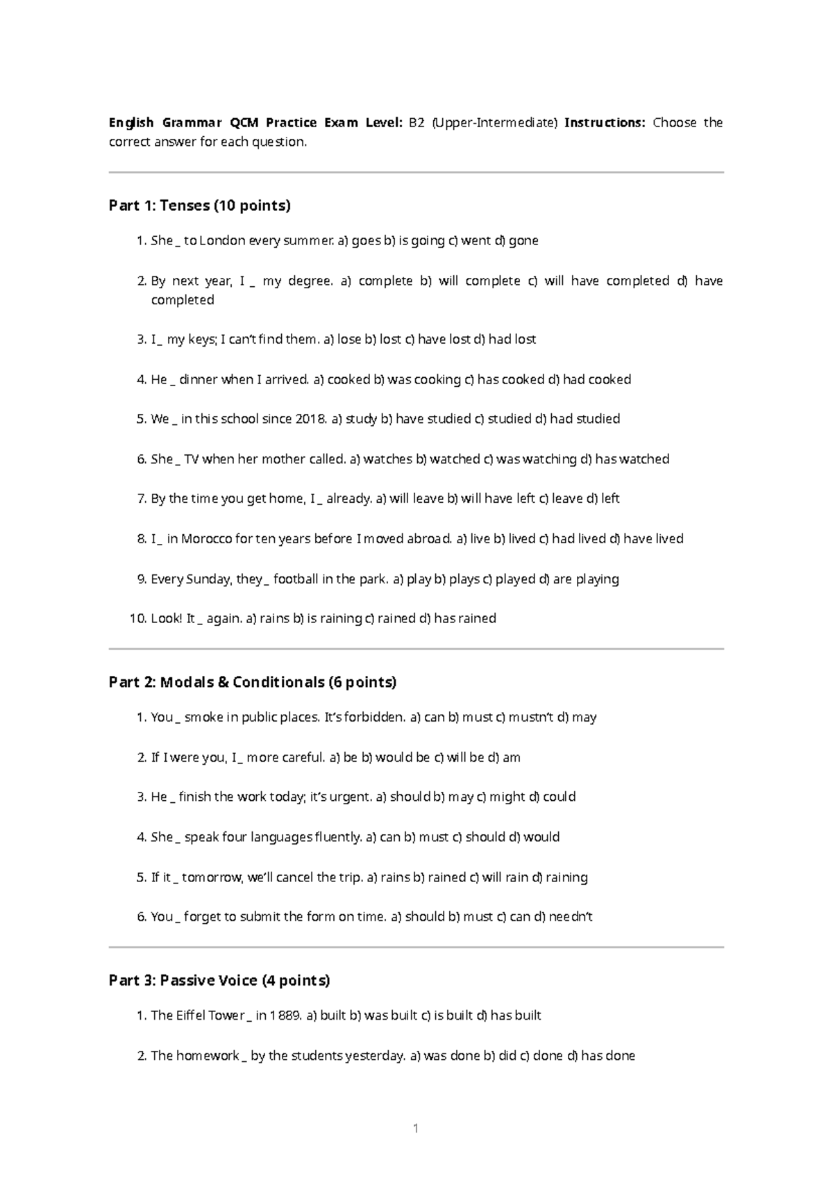 English Grammar QCM Practice Exam B2 Level: Exercises and Answers - Studocu