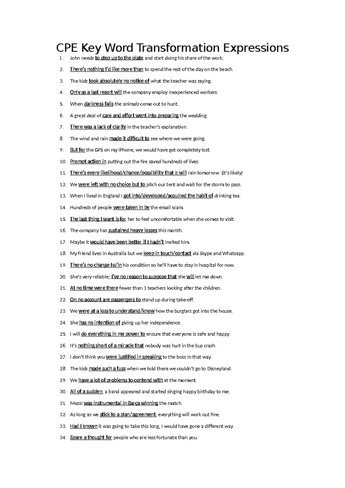 CPE Key Word Transformation Expressions - Practice Set 1 - Studocu