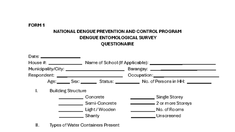 FORM 1: National Dengue Prevention & Control Program Survey - Studocu