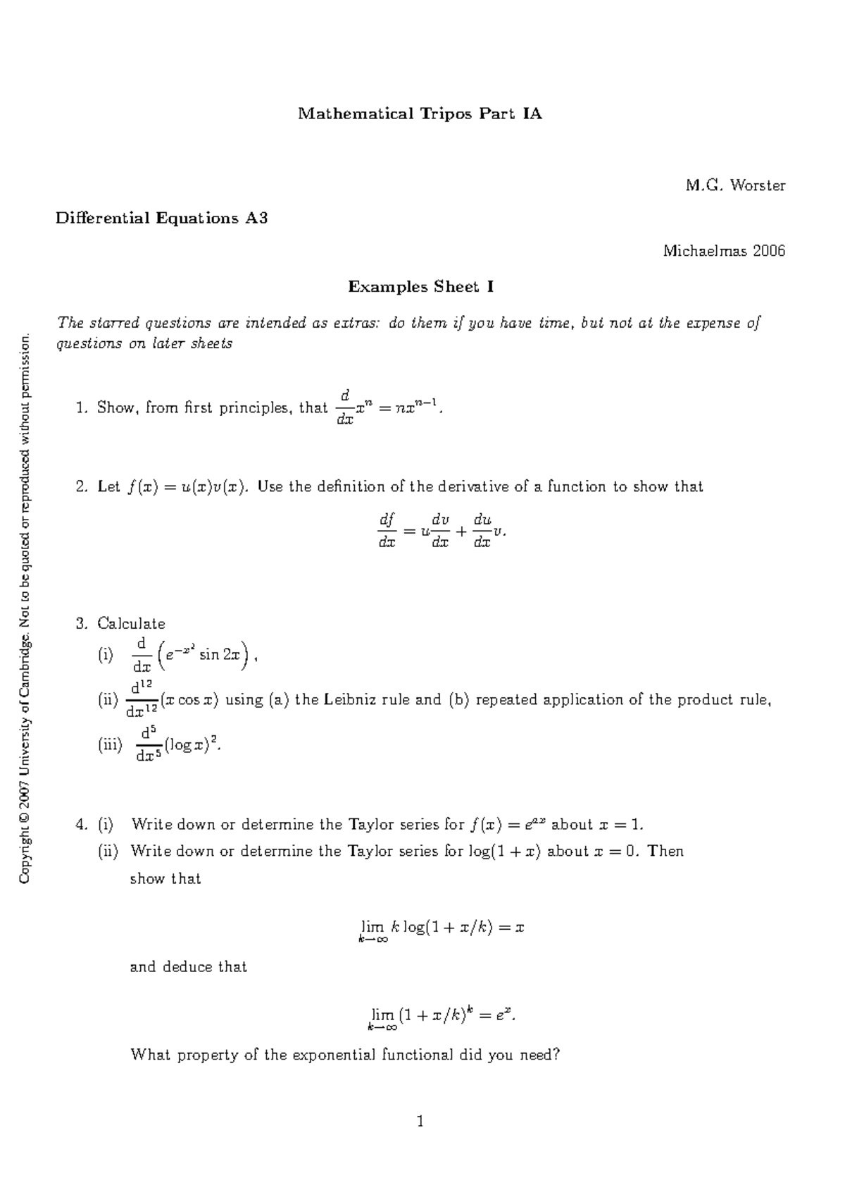 Mathematical Tripos Part IA A3 Differential Equations Exam Notes - Studocu