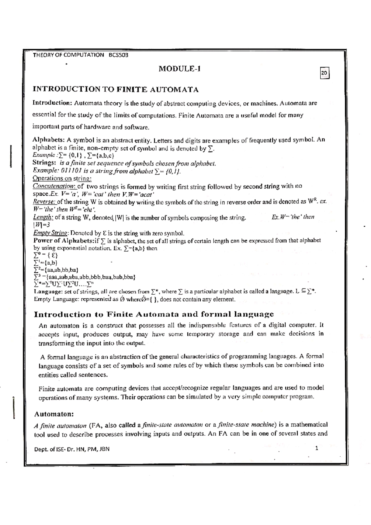 Theory of Computation: Finite Automata Overview (BCS503) - Studocu