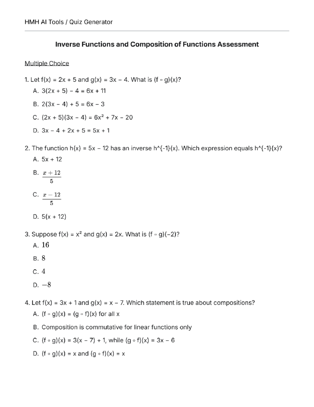 Inverse Functions and Composition of Functions Quiz (Algebra 2, Grade ...