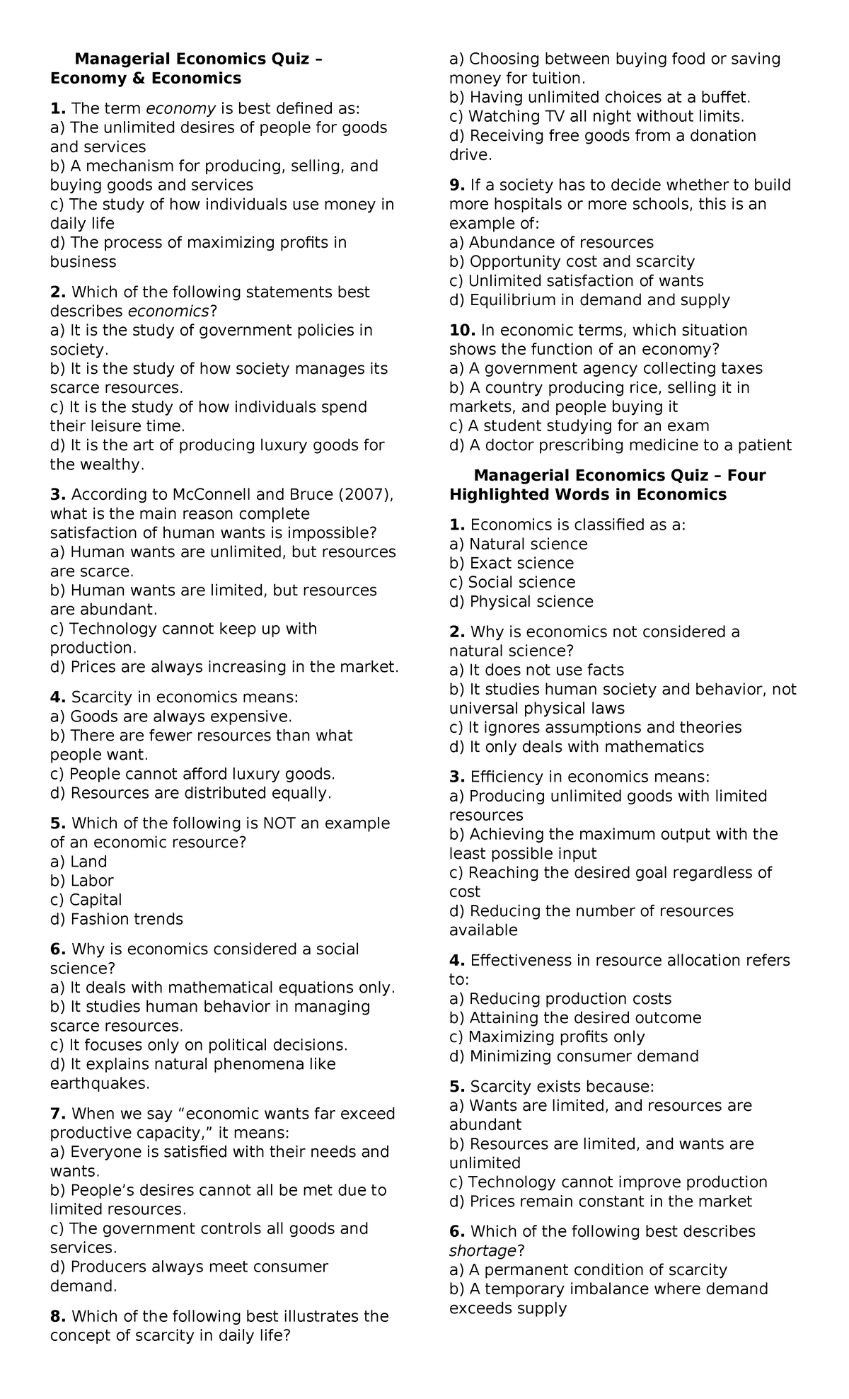 Managerial Economics Quiz: Key Concepts and Applications - Studocu