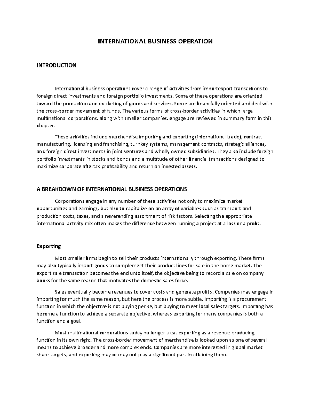International Business Operations Overview - IB 101 Lecture Notes - Studocu