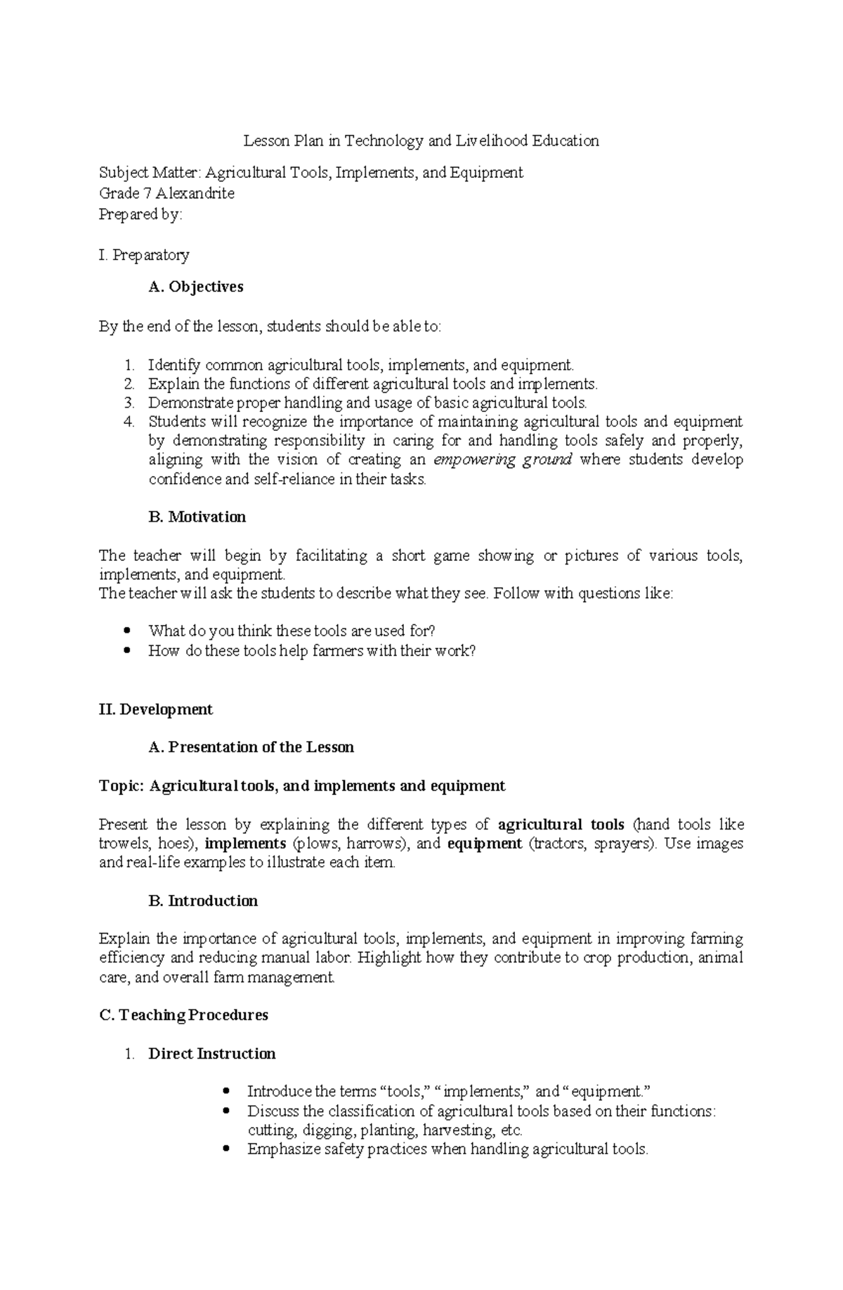 TLE 7 Lesson Plan: Agricultural Tools & Safety Procedures - Studocu