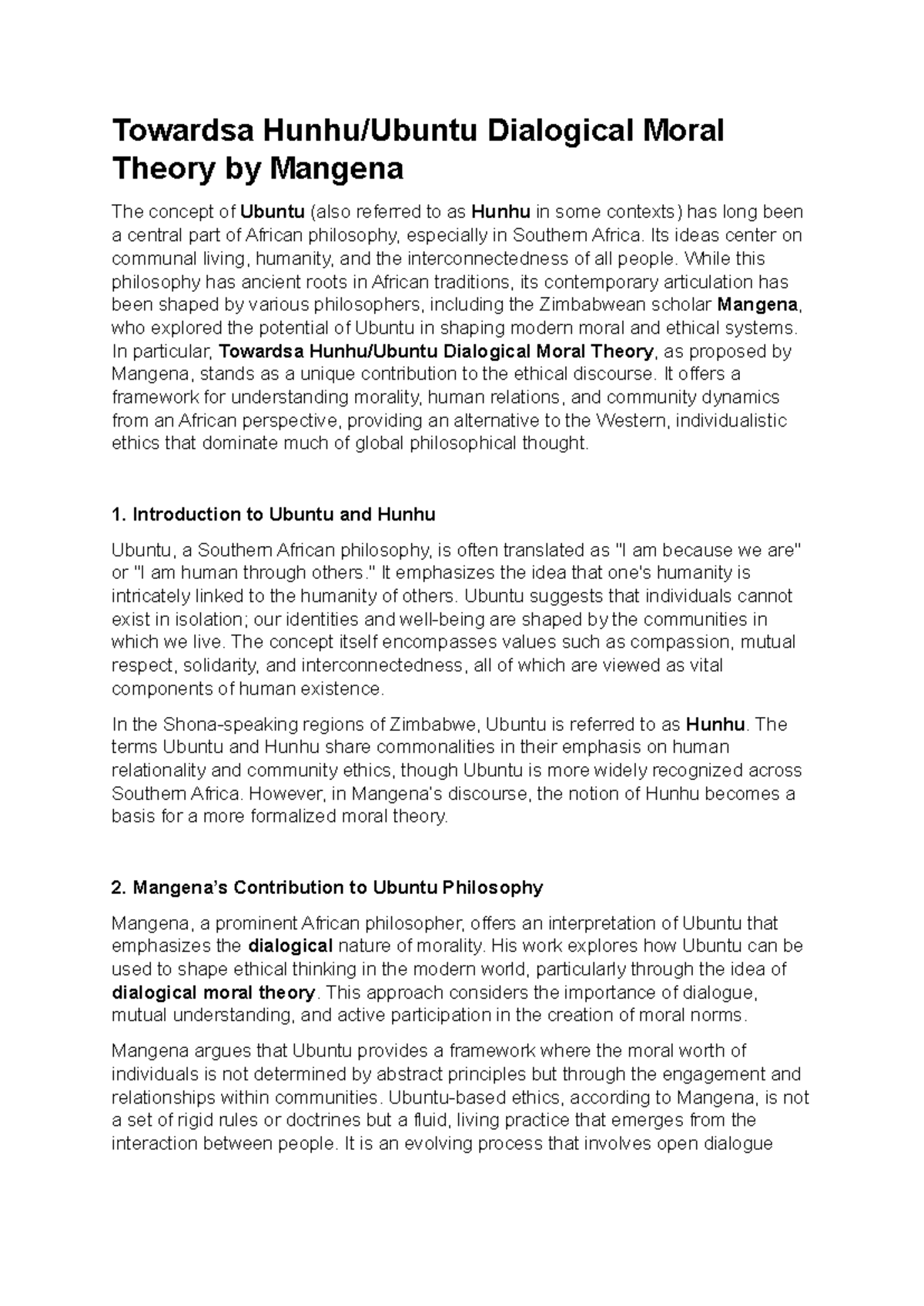 Ubuntu Ethics: Exploring Mangena's Dialogical Moral Theory - Studocu