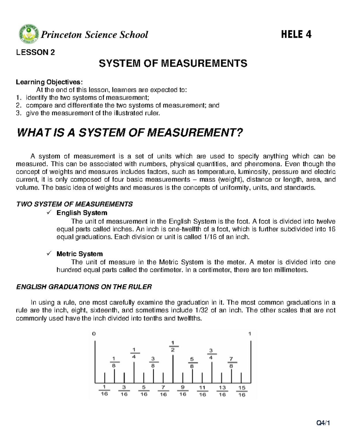 Princeton Science School HELE 4 Lesson 2: System of Measurements - Studocu