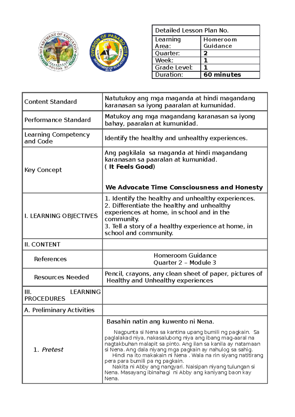 Lesson Plan for Homeroom Guidance Grade 1 Q2 - Module 3 - Studocu