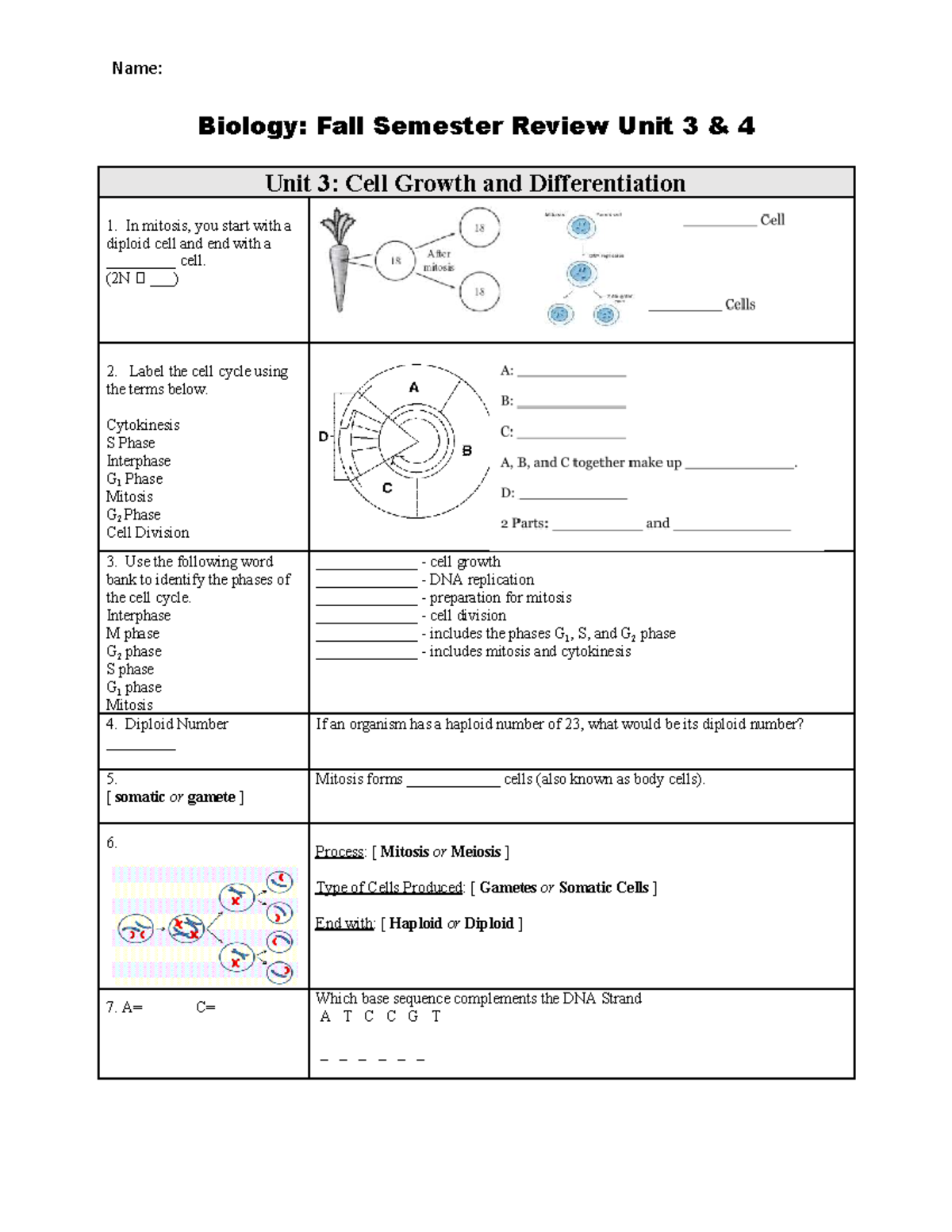 Biology: Fall Semester Review for Units 3 & 4 - Cell Growth & Genetics - Studocu