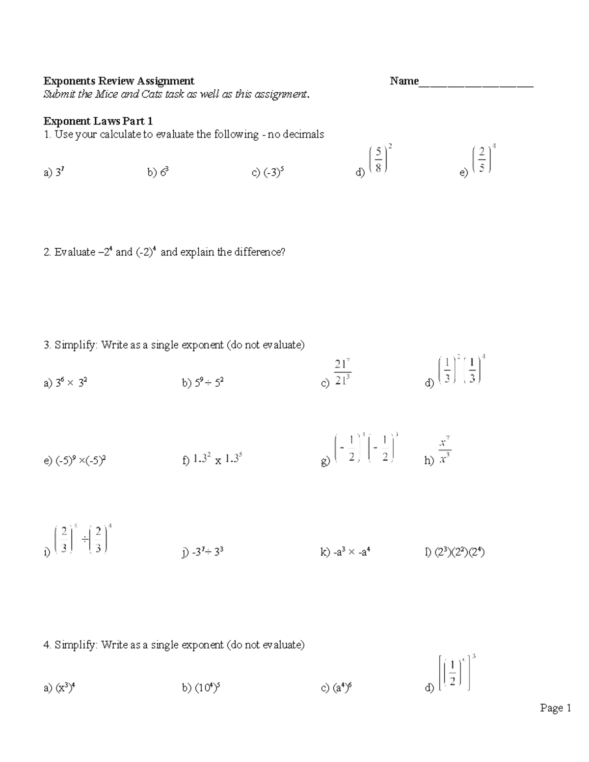 Exponents Assignment Review: Laws & Functions Analysis - Studocu