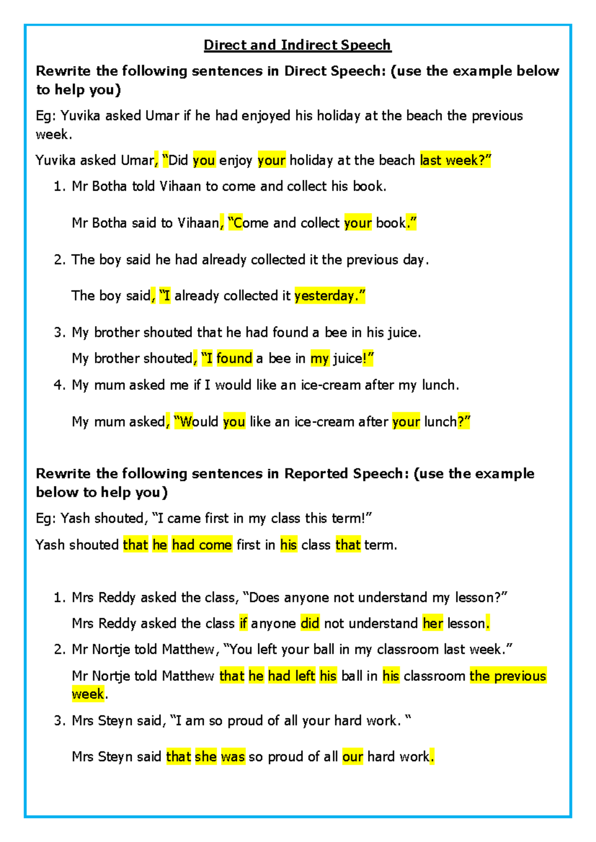 Direct and Reported Speech Exercises for Practice - Studocu