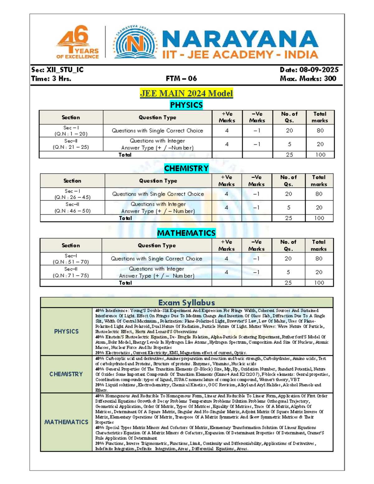 XII IIT IC FTM-06 JEE MAIN 2024 Model Question Paper - Studocu