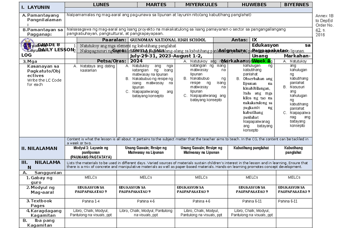 ESP 9 Q1W1 - worksheets - Annex 1B to DepEd Order No. 42 , s. 2016 ...