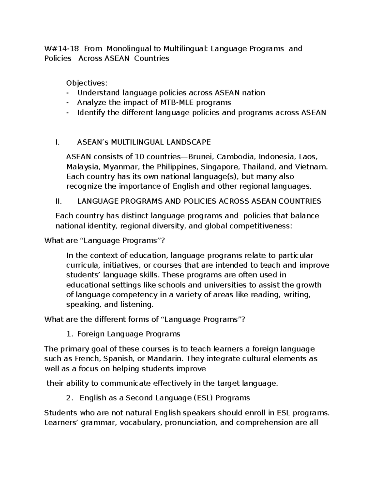 ASEAN Language Policies & Programs: A Multilingual Overview - Studocu