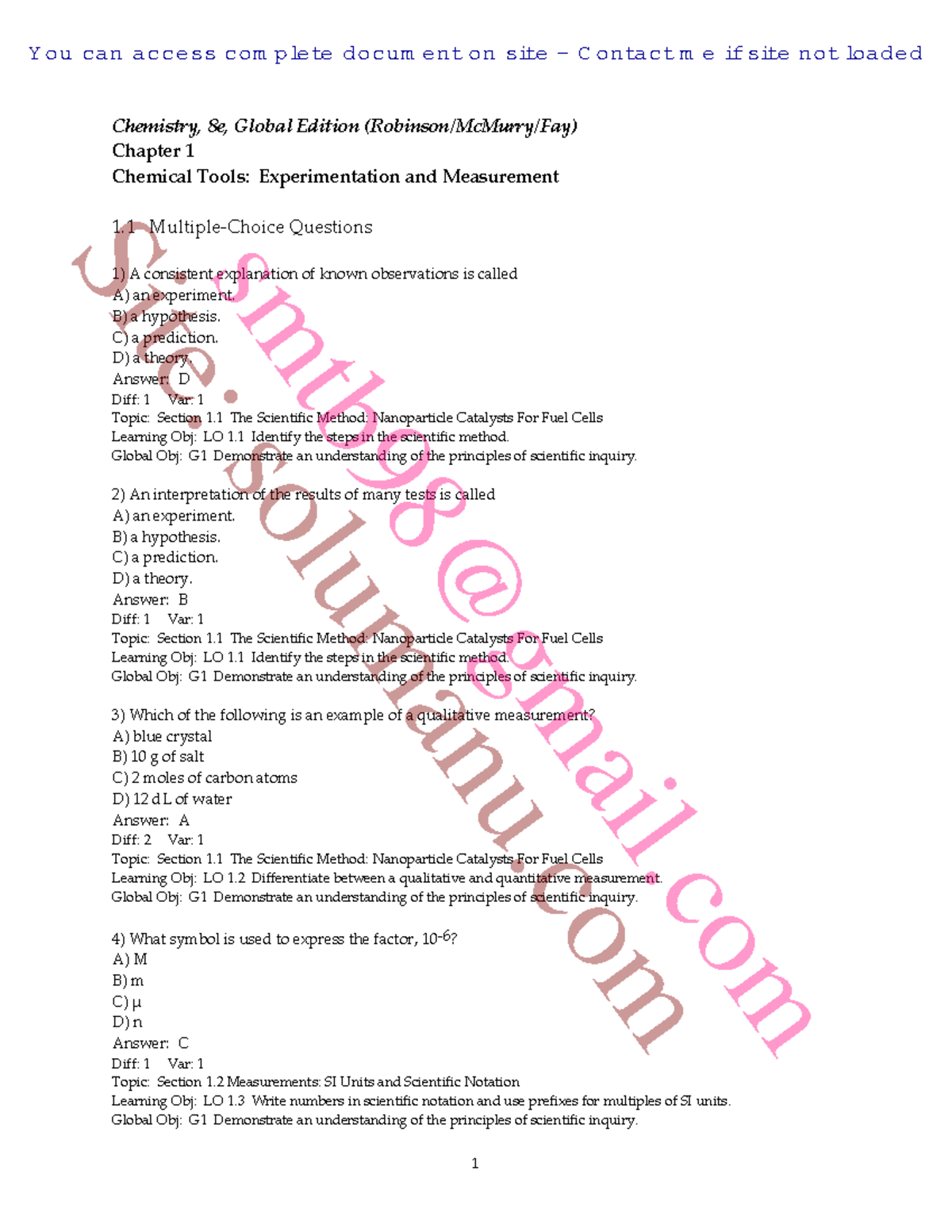 Test Bank for Chemistry 8e, Global Edition: Chapter 1 - Chemical Tools ...