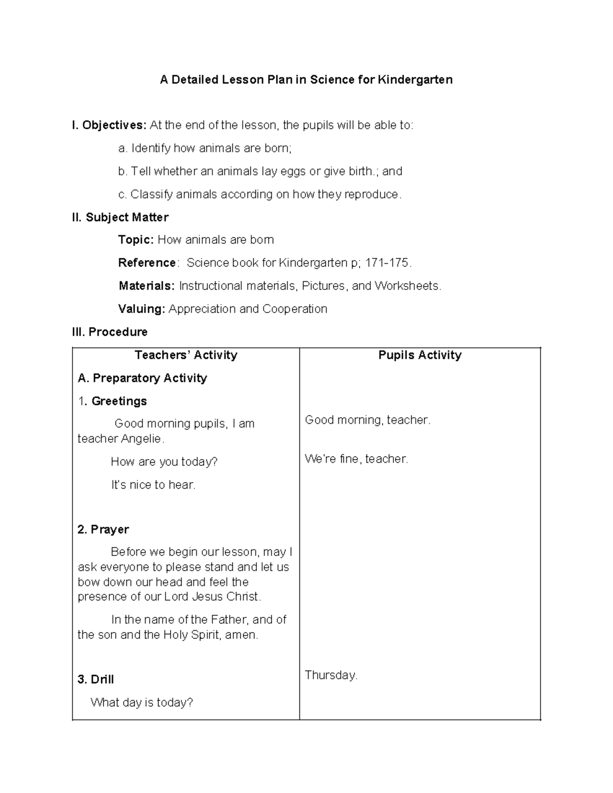 DLP-Animals' Birth & Reproduction Lesson Plan for Kindergarten - Studocu