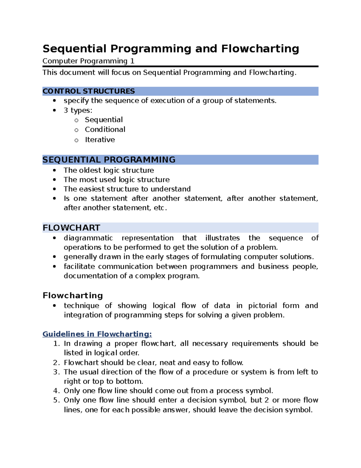 Computer Programming 1: Sequential Programming & Flowcharting Guide ...