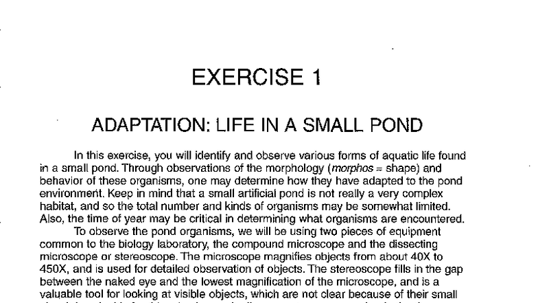 LM EX1 Microscopy: Observing Aquatic Life Adaptations in a Pond - Studocu