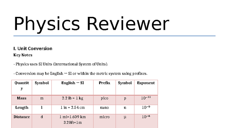 1Q General Physics 1: Unit Conversion & Measurement Key Notes - Studocu