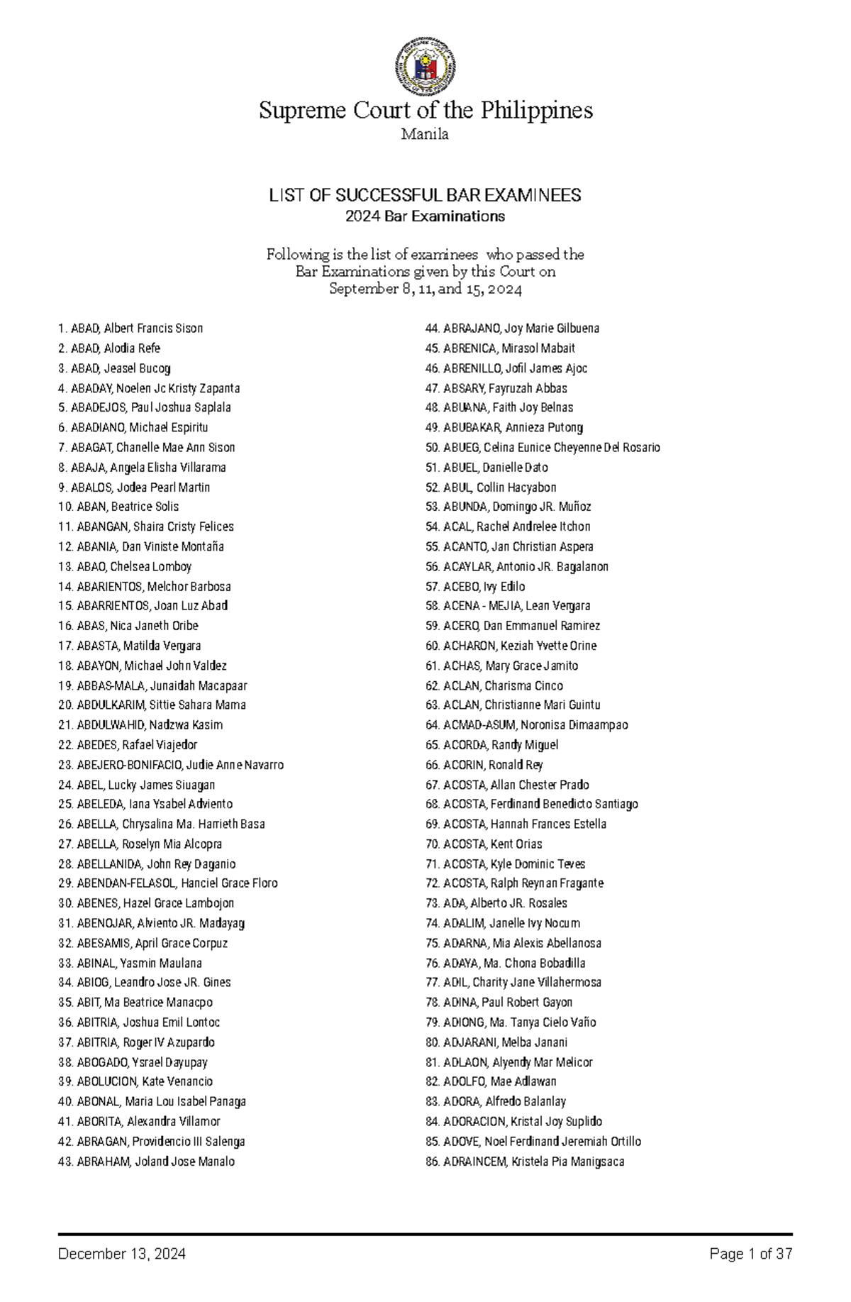 2024 List of Passers - Supreme Court of the Philippines Manila LIST OF ...