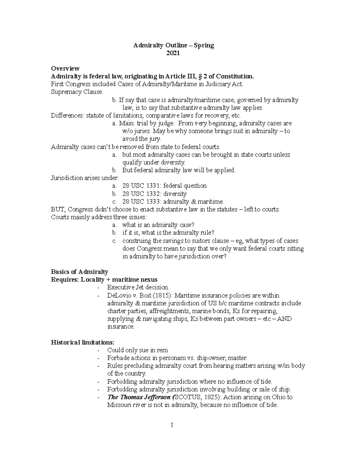 Admiralty Law Outline - Spring 2021 Summary and Key Concepts - Studocu