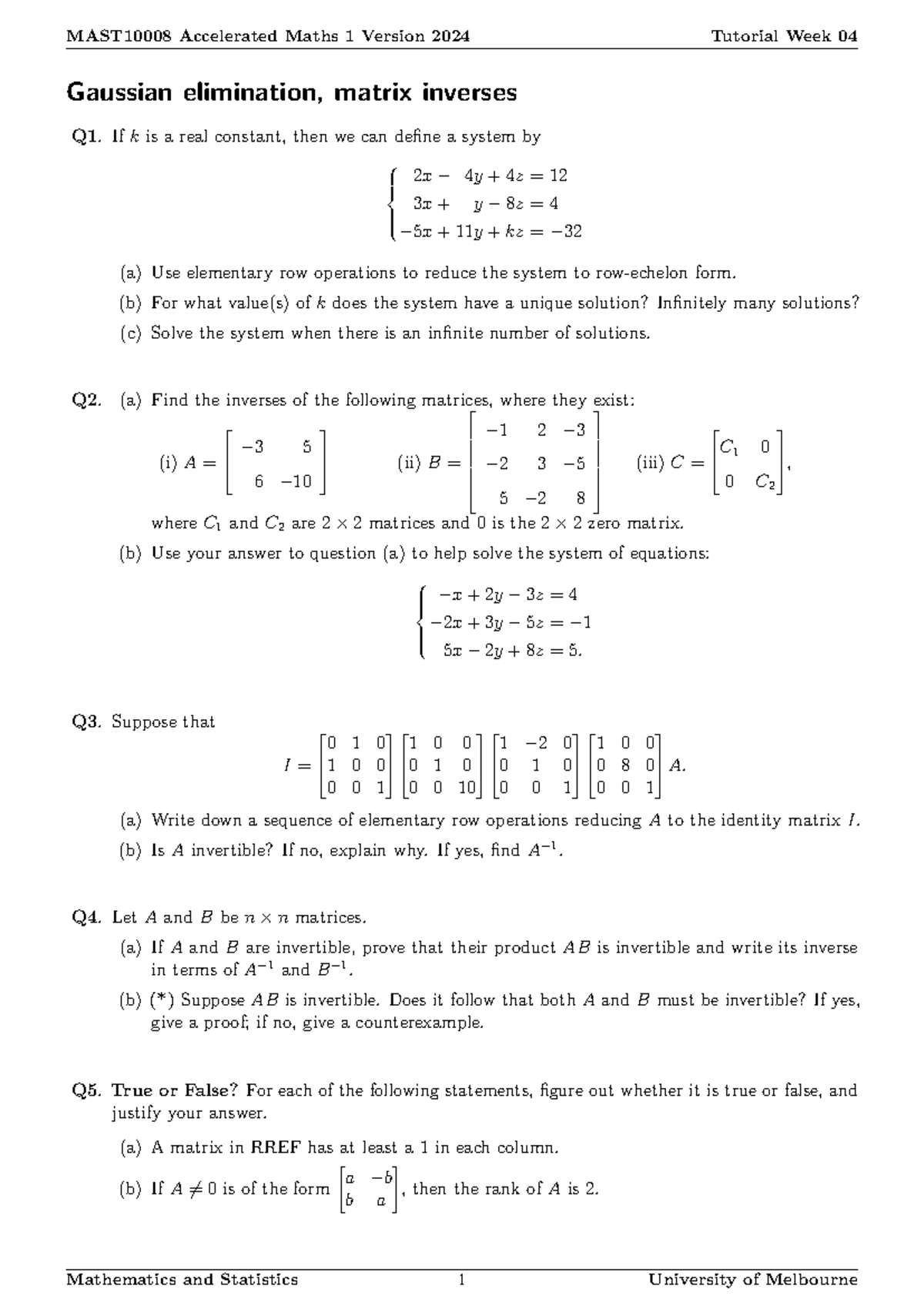 Accelerated Maths 1 (MATH101) Tutorial Week 04: Gaussian Elimination & Inverses - Studocu