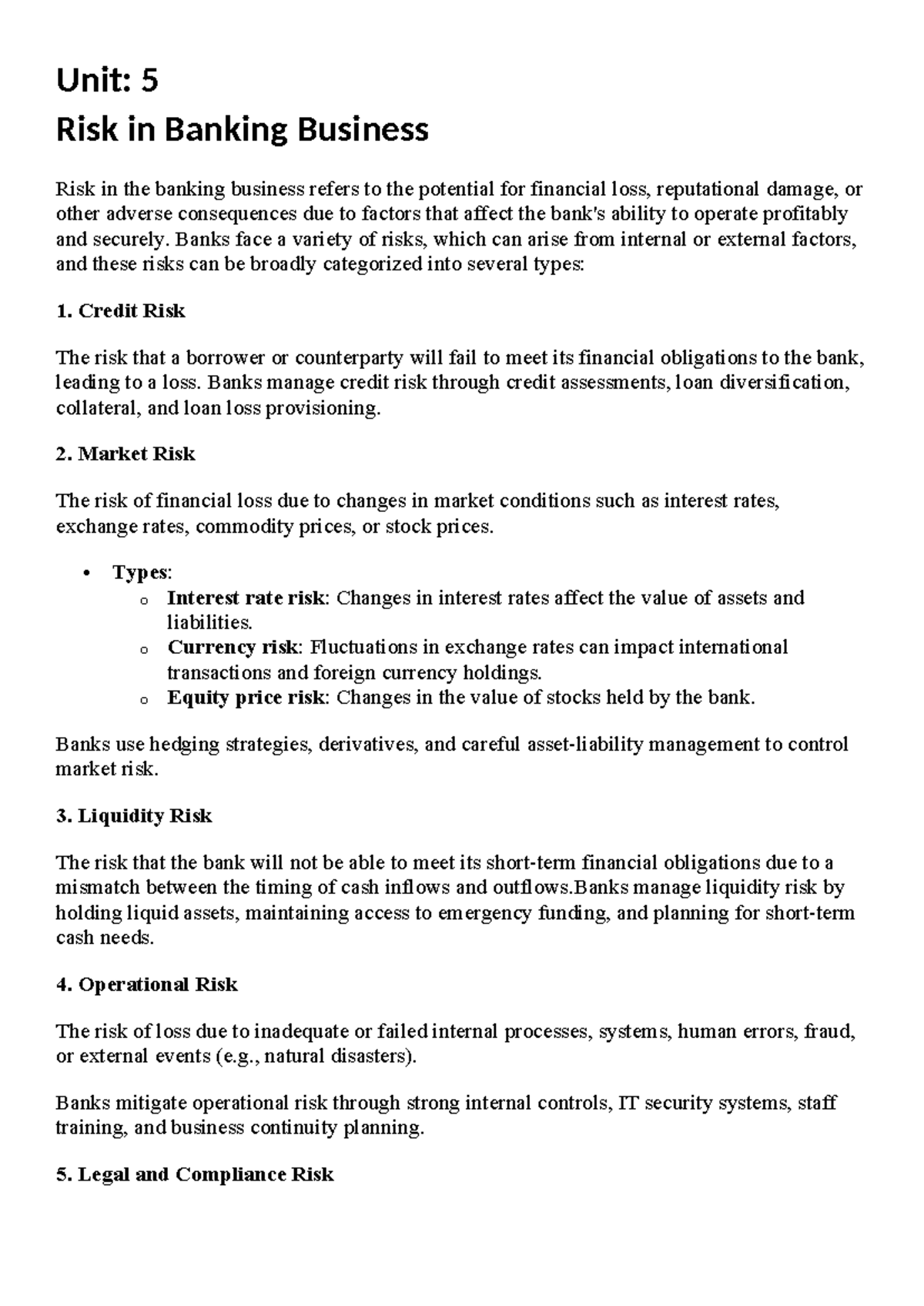 Unit 5: Comprehensive Overview of Risks in Banking Operations - Studocu