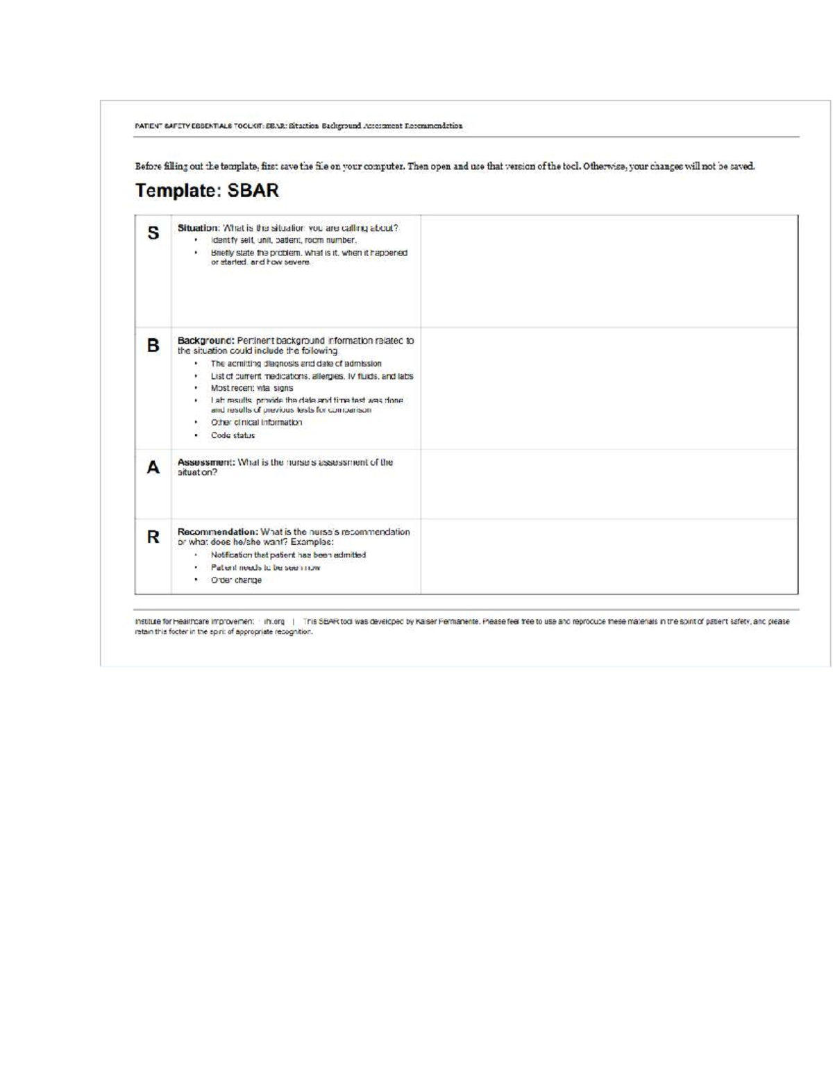 PATIENT SAFETY ESSENTIALS: SBAR Toolkit Instructions - Studocu