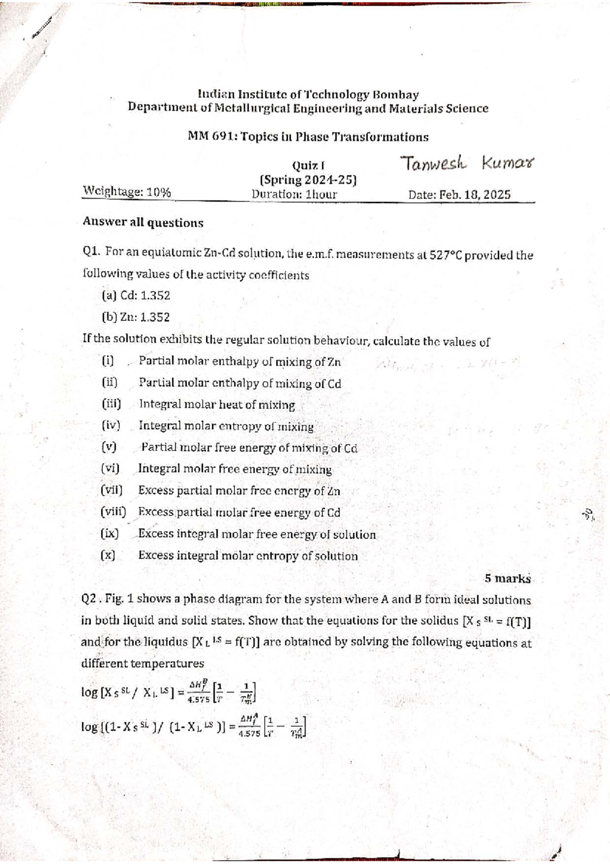 MM 691: Topics in Phase Transformations Quiz I - Spring 2025 - Studocu