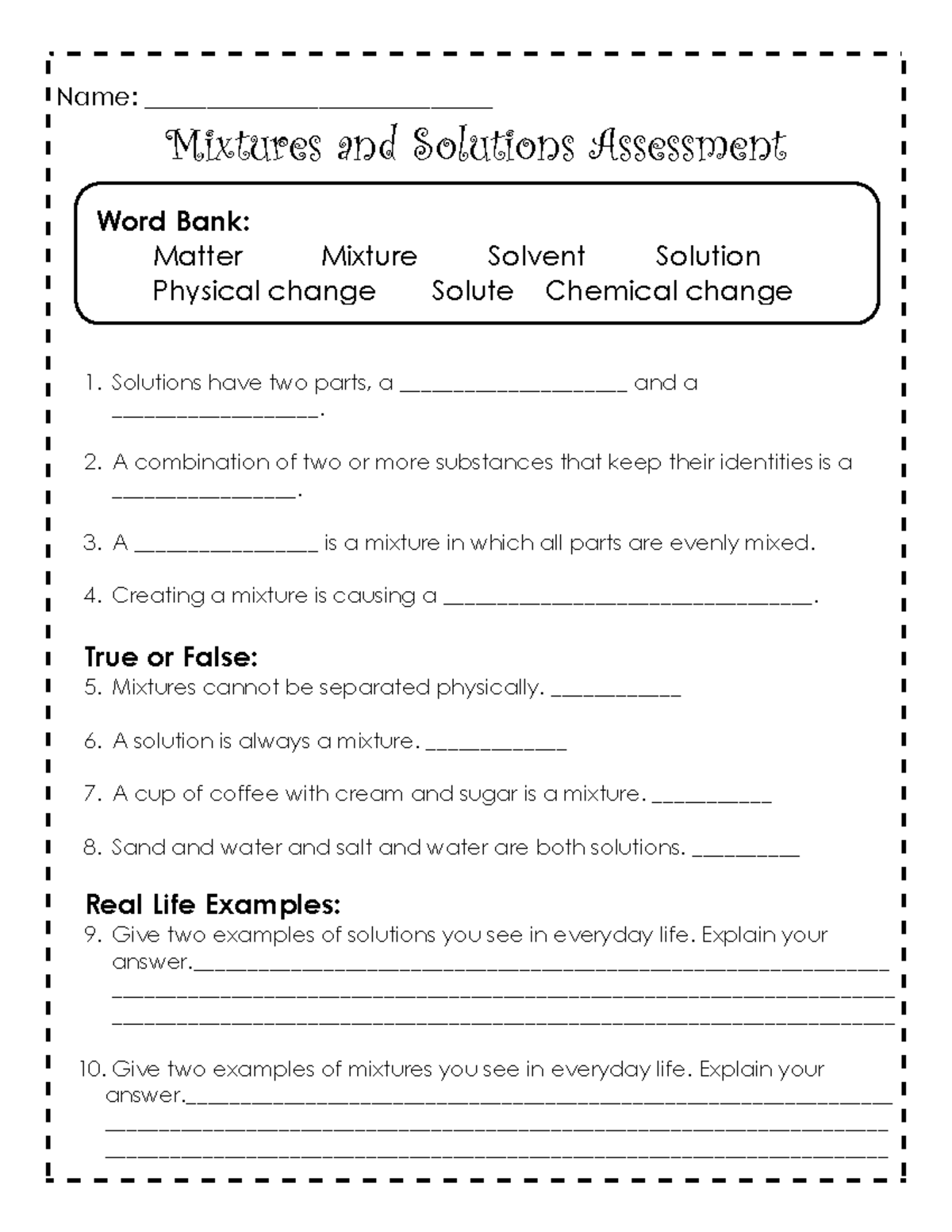 Mixtures and Solutions Assessment (MSA-1) Word Bank and Examples - Studocu