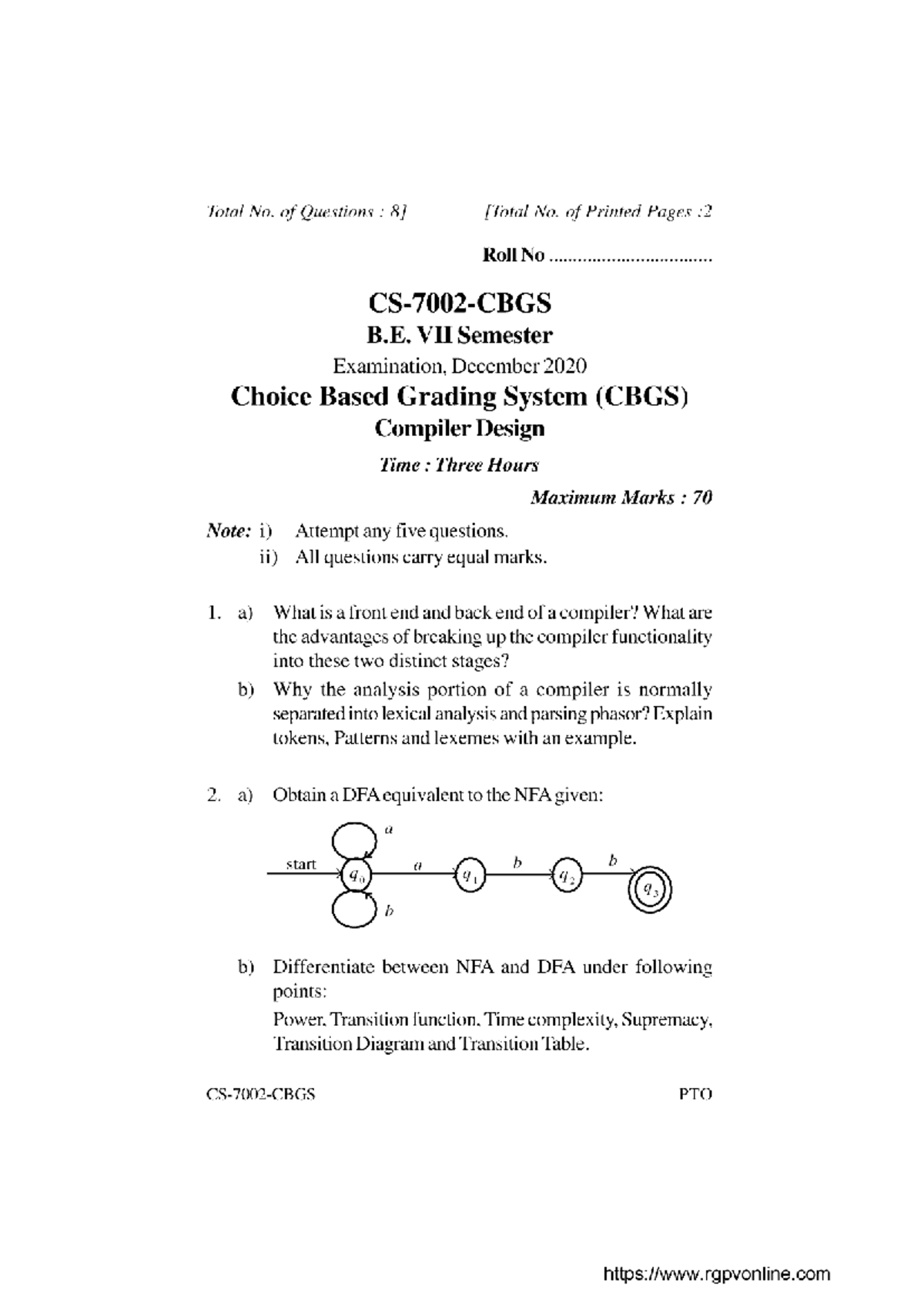 Cs 7002 Compiler Design Final Exam December 2020 - Studocu