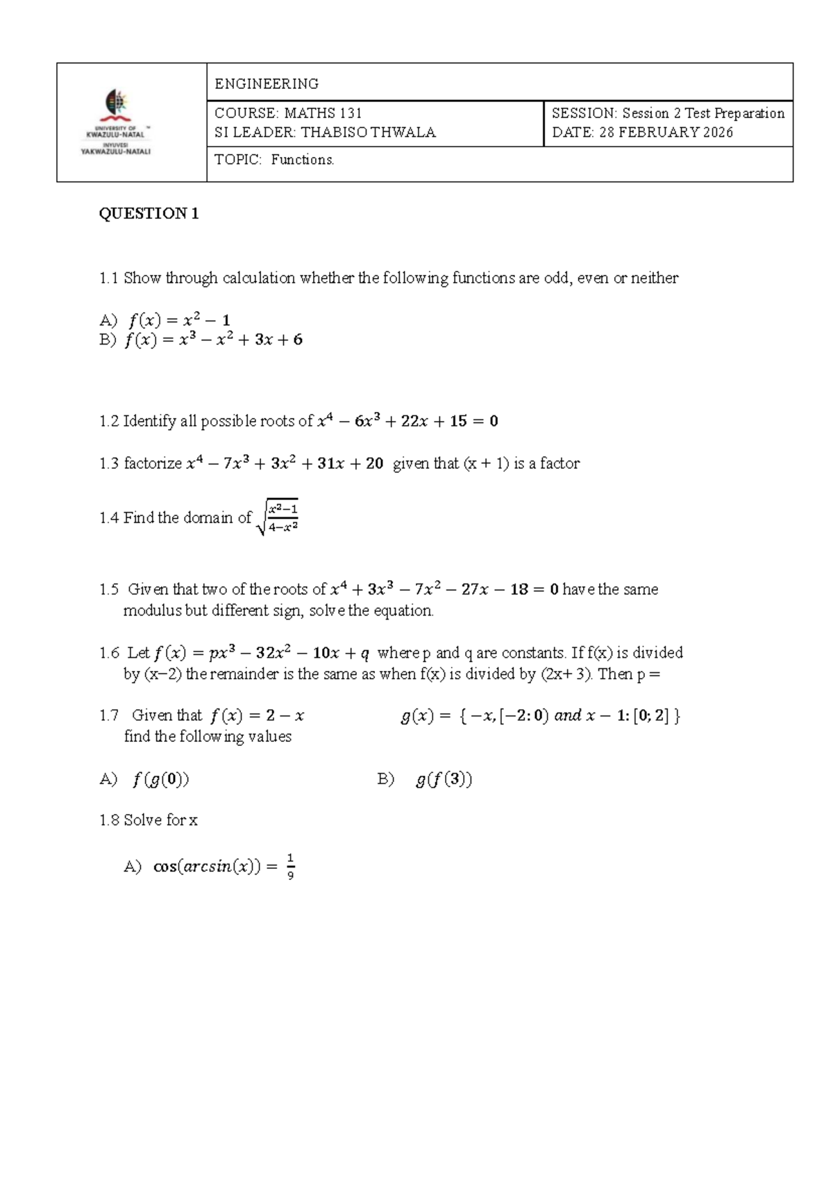 MATHS 131: Functions Test Prep Worksheet 2 - Session 2 - Studocu