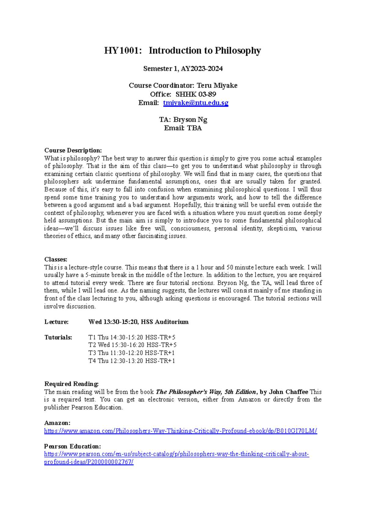 HY1001 Intro to Philosophy Syllabus AY2023-24 Semester 1 - Studocu