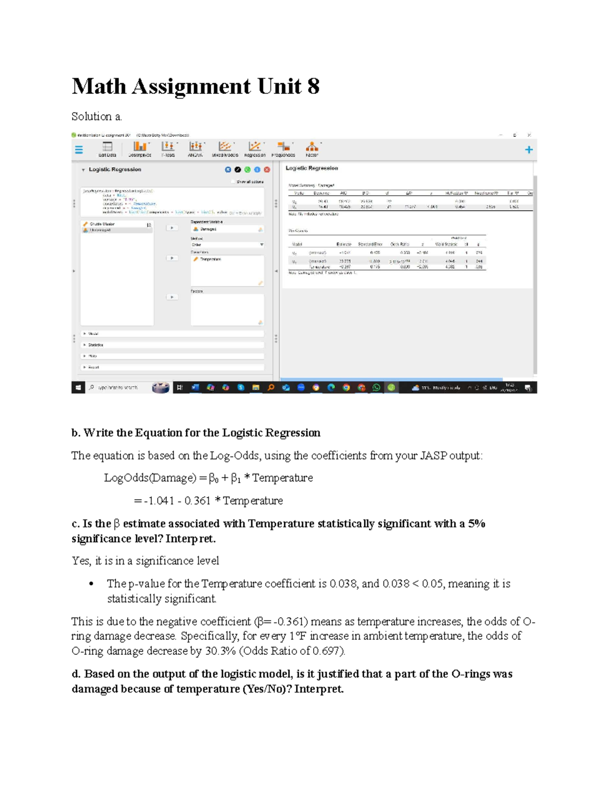 Math Assignment Unit 8 - Logistic Regression Equation & Analysis - Studocu