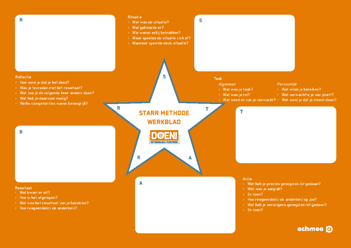DOEN Werkblad: Starr Methode Reflectie en Acties Uitgebreid - Studeersnel
