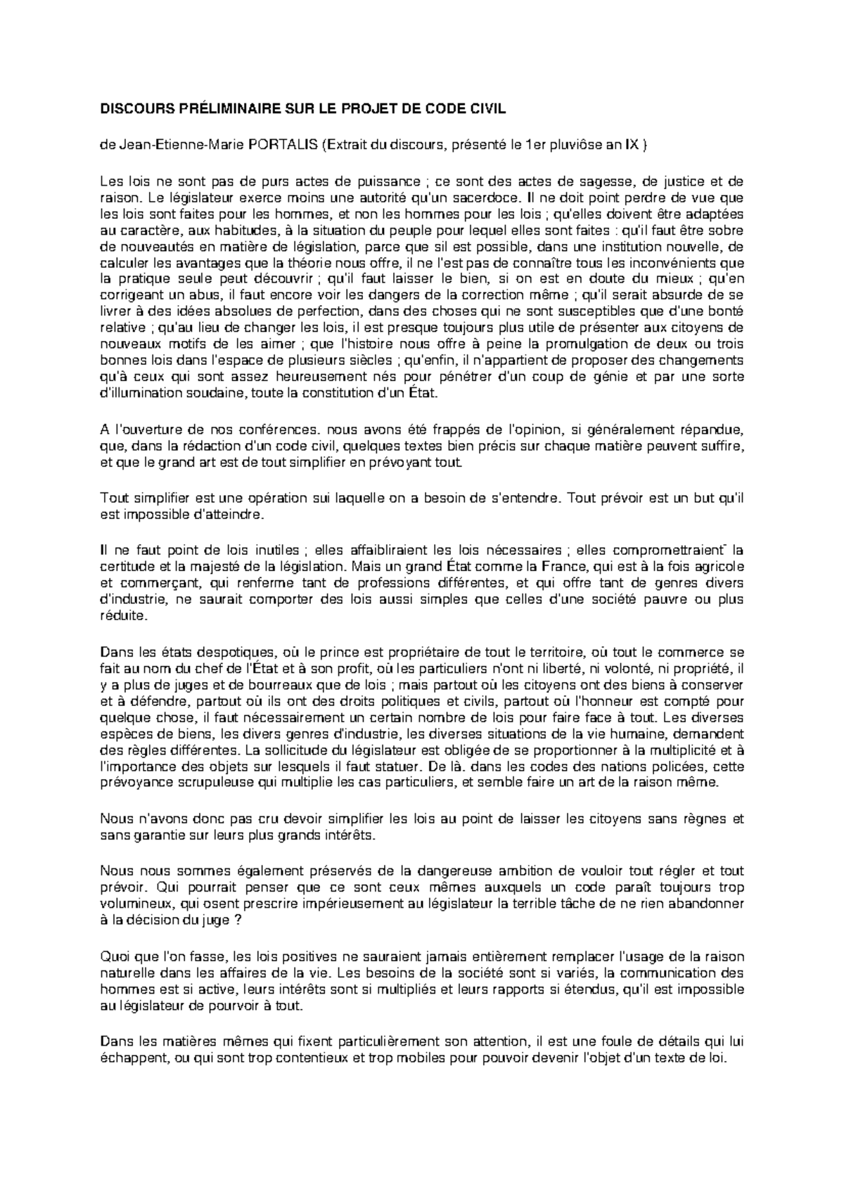 Discours Préliminaire sur le Projet de Code Civil (Portalis, Extrait) - Studocu