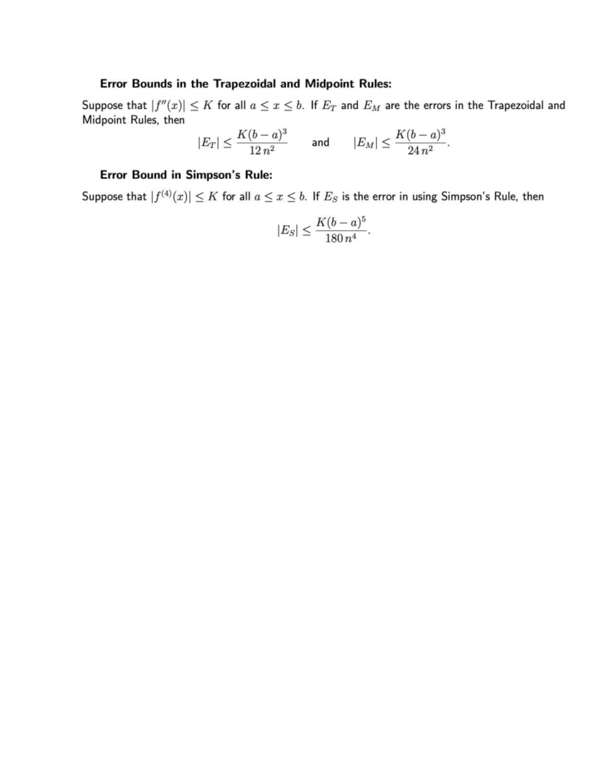M2 - Error bounds for trapezoidal and midpoint rules formula sheet ...