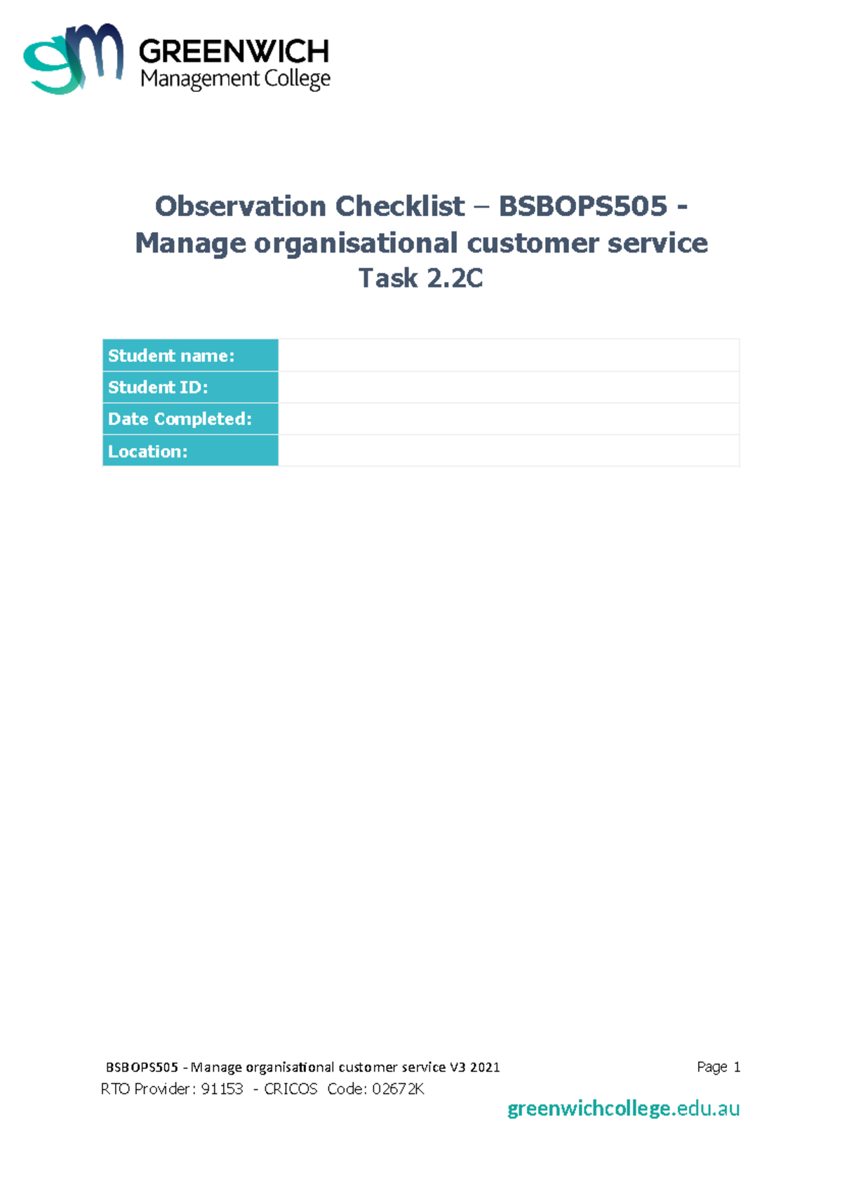 BSBOPS505 - Observation Checklist for Task 2.2C - Customer Service ...