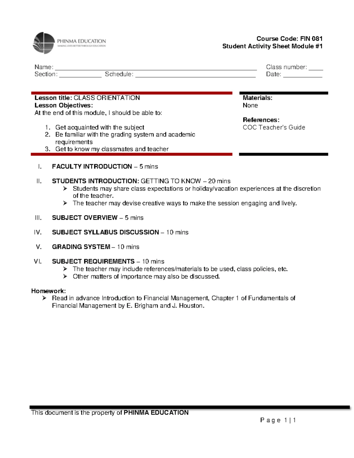 SAS1-FIN081 Class Orientation Activity Sheet and Objectives - Studocu