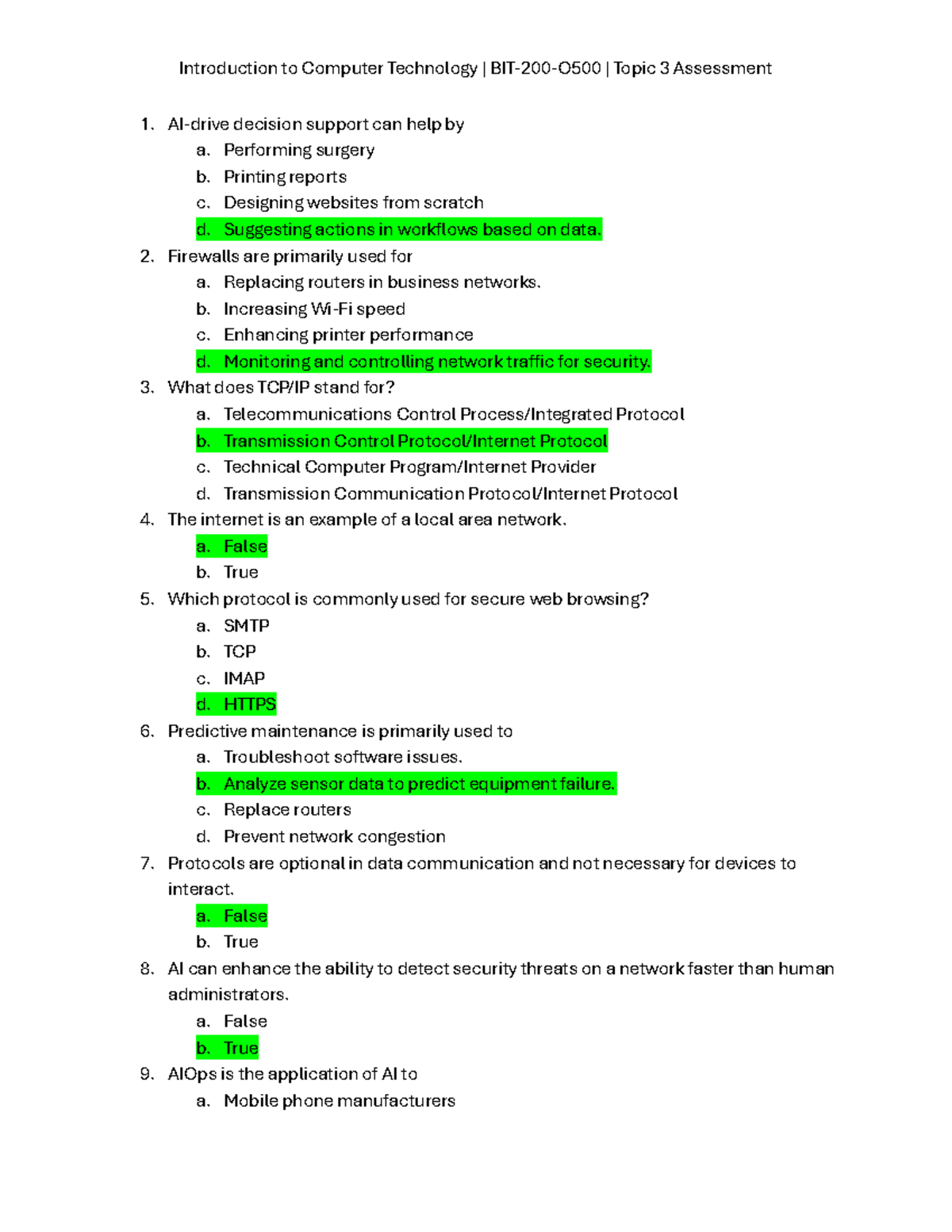 Introduction to Computer Technology - BIT-200-O500 - Topic 3 Quiz - Studocu