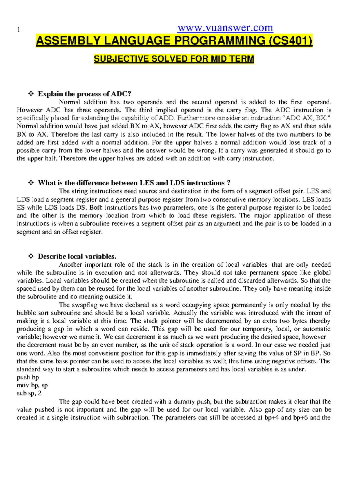 CS401 Midterm Short Notes on Assembly Language Programming - Studocu