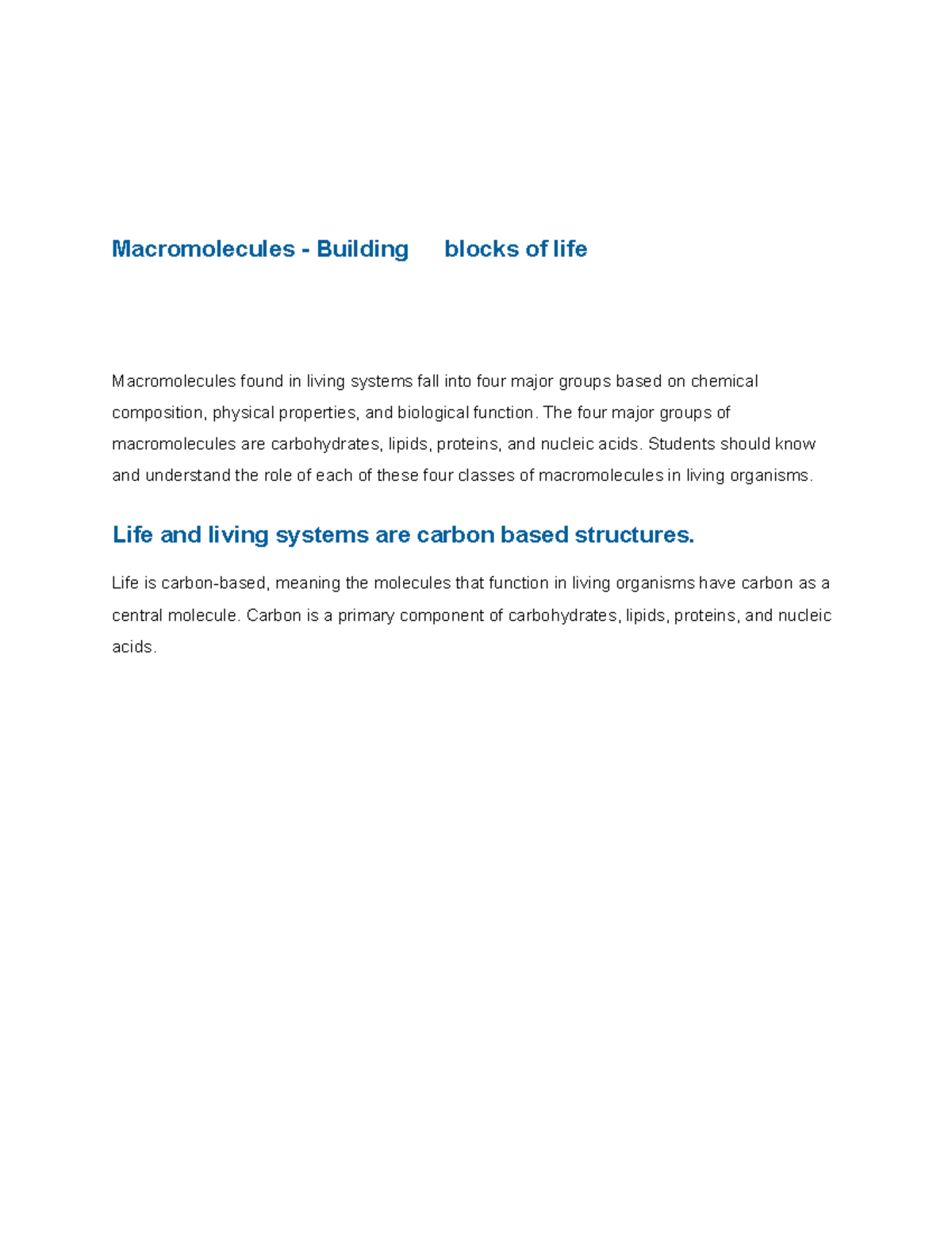 Macromolecules in Biology: Building Blocks of Life (BIO 101) - Studocu